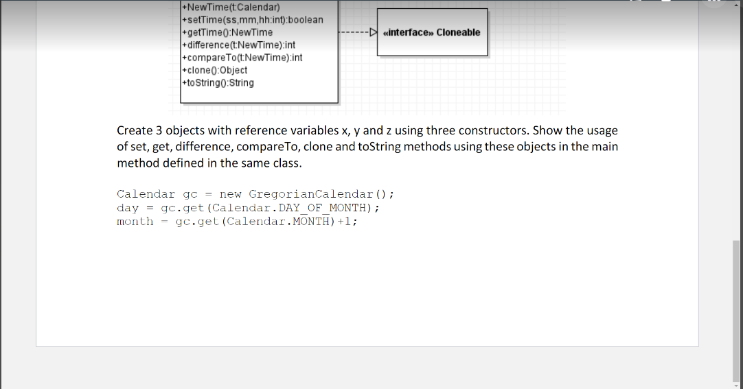 Solved «interface» Cloneable +NewTime(t:Calendar) + | Chegg.com