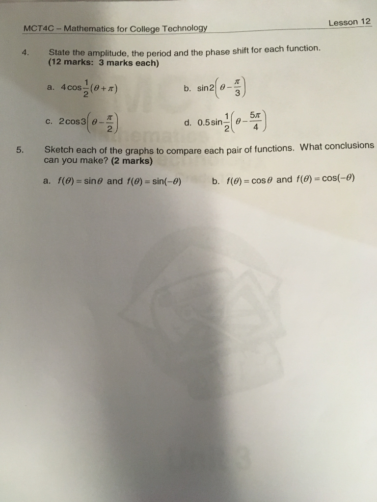 Solved Lesson 12 MCT4C - Mathematics for College Technology | Chegg.com