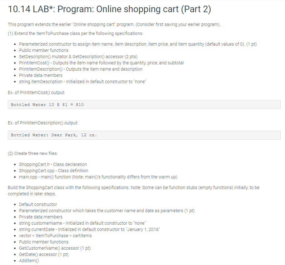 Online shopping cart (Part 2) 10.14 LAB*: Program: | Chegg.com