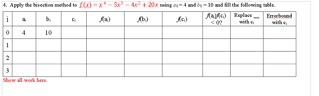 Solved 4. Apply the bis ection method to f(x)=x4−5x3−4x2+20x | Chegg.com