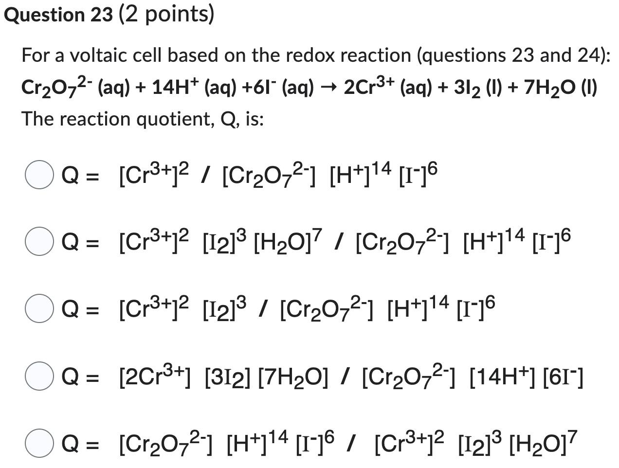Solved For a voltaic cell based on the redox reaction | Chegg.com