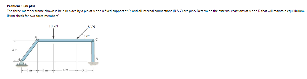 Solved Problem 1 ( 40 ﻿pts)The three-member frame shown is | Chegg.com