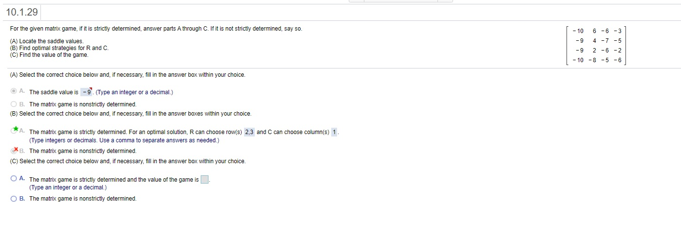 Solved 10.1.29 For the given matrix game, if it is strictly | Chegg.com
