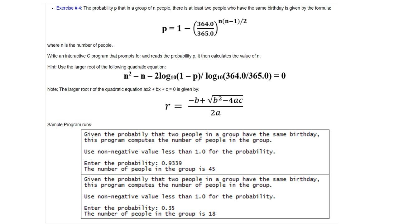 Solved • Exercise # 4: The probability p that in a group of | Chegg.com
