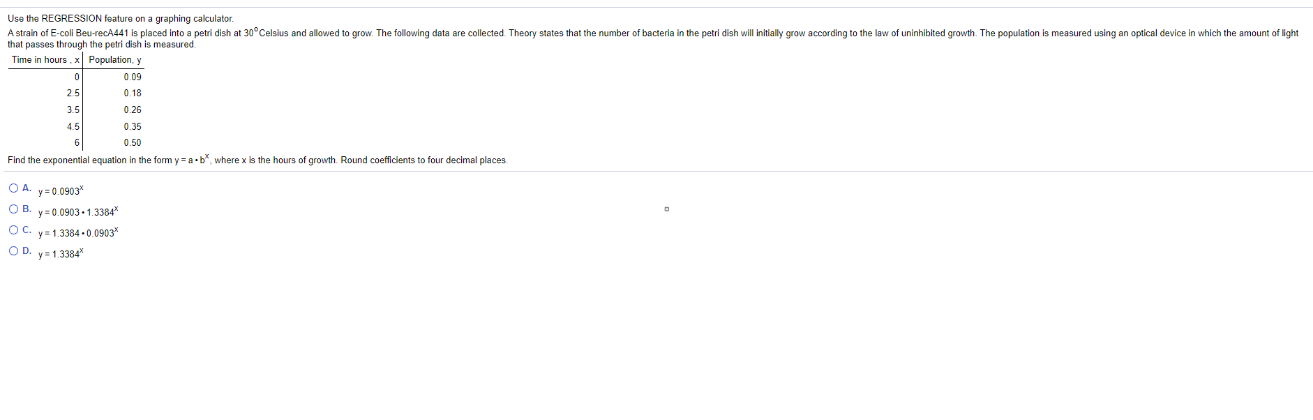 Solved Use the REGRESSION feature on a graphing calculator A | Chegg.com