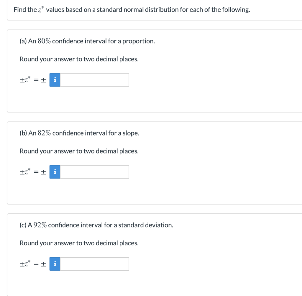 Solved Find the z* values based on a standard normal | Chegg.com