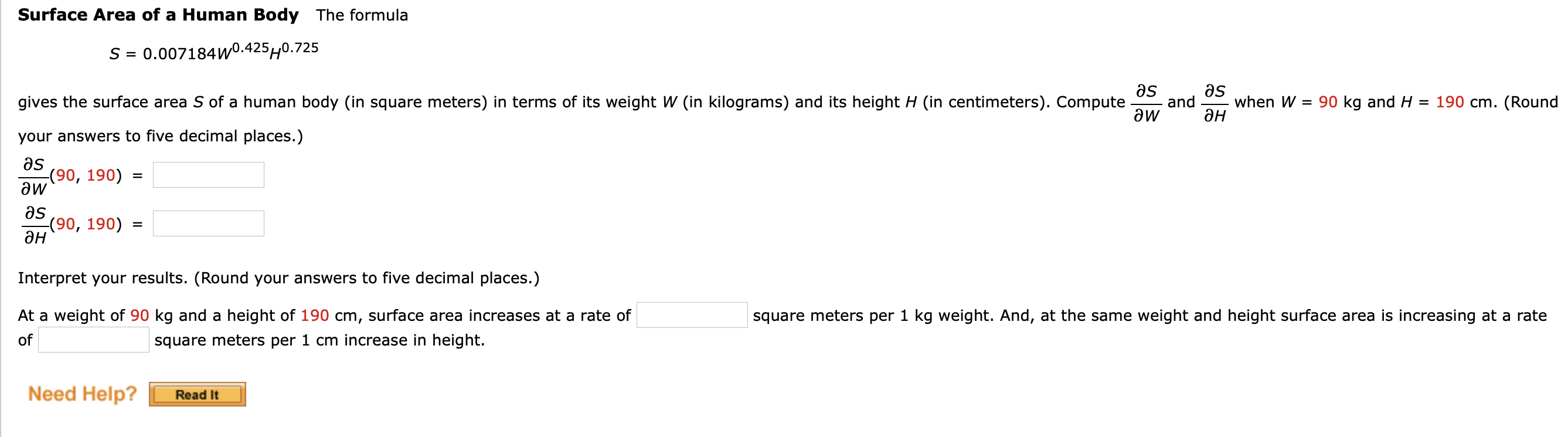 Solved Surface Area of a Human Body The formula S = | Chegg.com