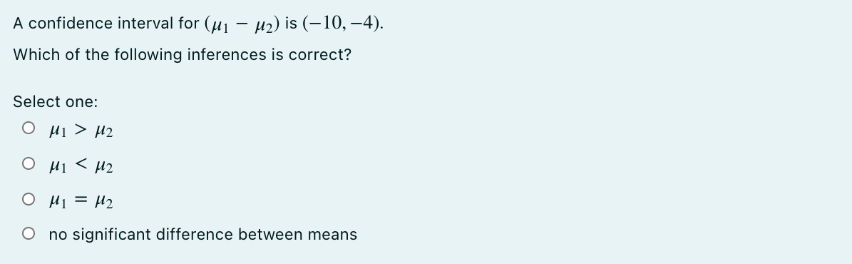 Solved A confidence interval for (ui – m2) is (-10, –4). | Chegg.com