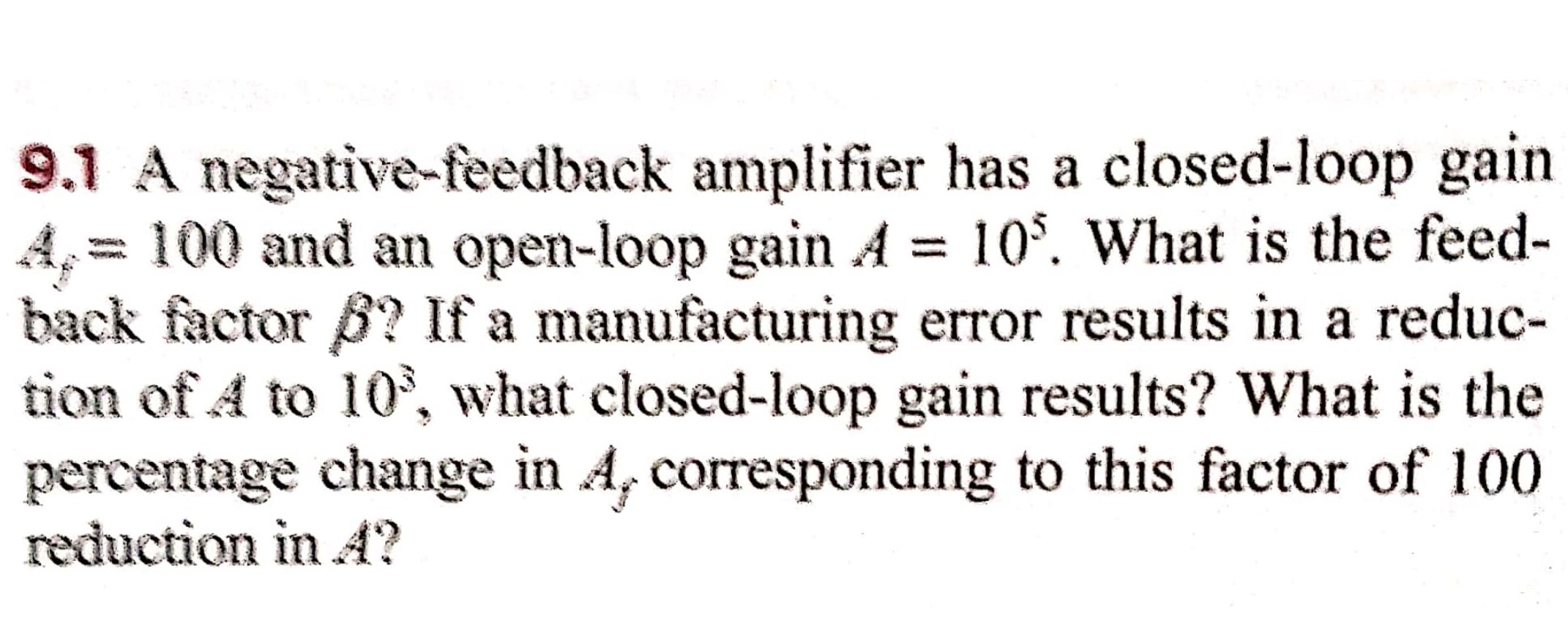 Solved 9.1 A negative-feedback amplifier has a closed-loop | Chegg.com