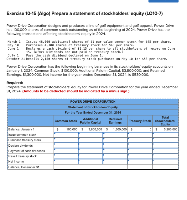 Solved Exercise 10-15 (Algo) ﻿Prepare a statement of | Chegg.com