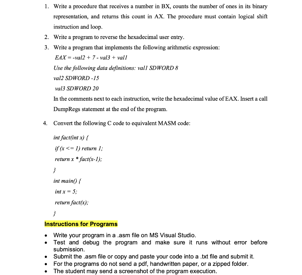 Solved 1. Write a procedure that receives a number in BX, | Chegg.com