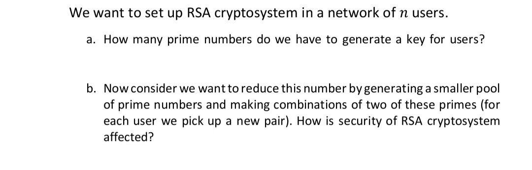 Solved We want to set up RSA cryptosystem in a network of n | Chegg.com