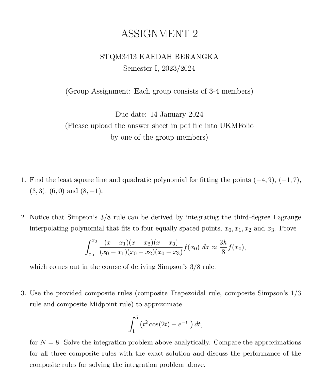 Solved ASSIGNMENT 2STQM3413 ﻿KAEDAH BERANGKASemester I, | Chegg.com