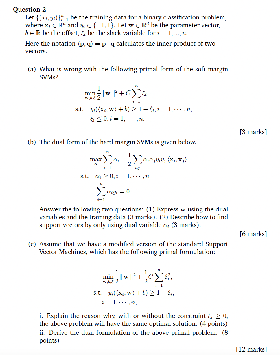 Question 2 Let {(xi,yi)}i=1n be the training data for | Chegg.com