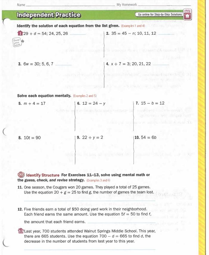 Solved 1129+d=54;24,25,26 2. 35=45−n;10,11,12 3. 6w=30;5,6,7 | Chegg.com