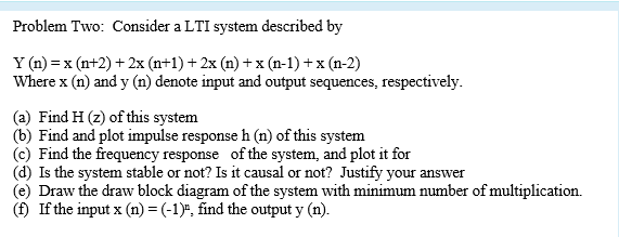 Solved Problem Two: Consider a LTI system described by Y (n) | Chegg.com