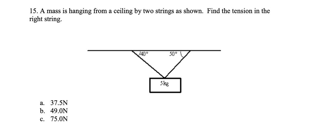 Solved 15. A mass is hanging from a ceiling by two strings | Chegg.com