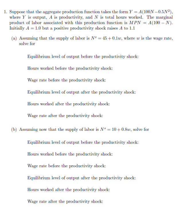 Solved 1 Suppose That The Aggregate Production Function