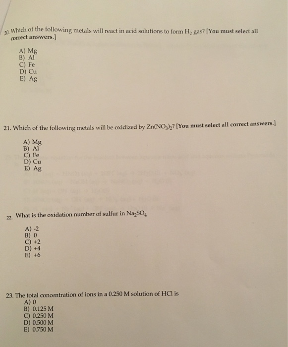 Solved Which of the following metals will react in acid | Chegg.com