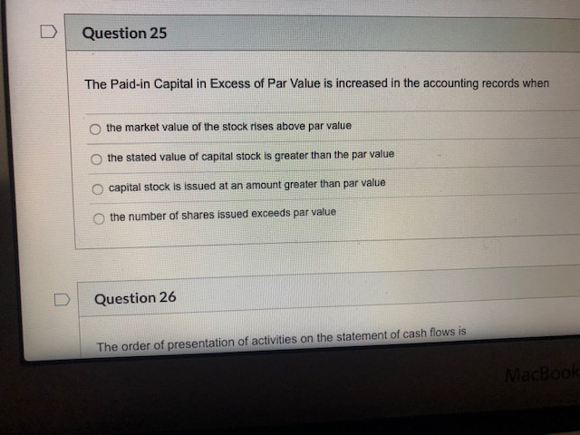Solved Question 25 The Paid-in Capital in Excess of Par | Chegg.com