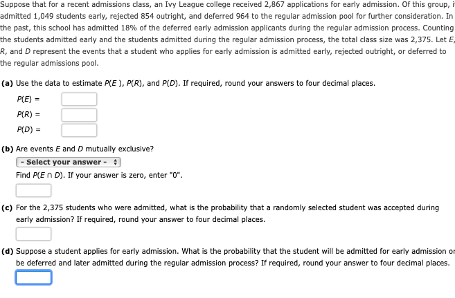 Solved Suppose that for a recent admissions class, an Ivy | Chegg.com