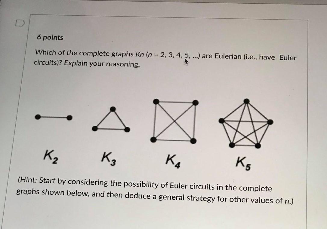 Solved U 6 points Which of the complete graphs Kn (n = 2, 3, | Chegg.com