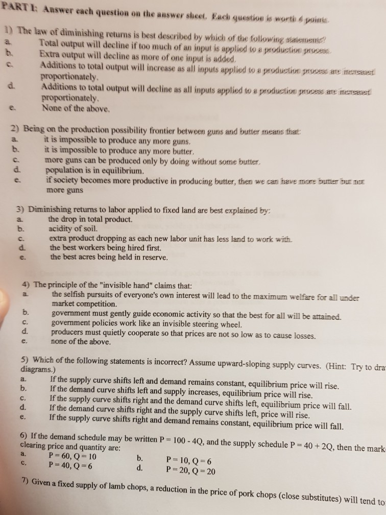 Solved PART Answer each question on the answer sheet. Each | Chegg.com