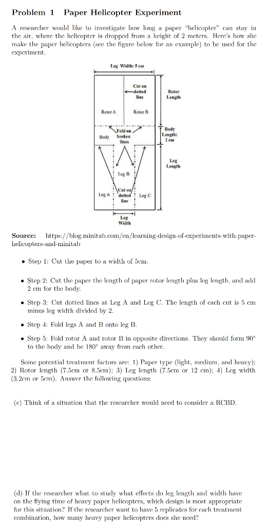 Solved Problem 1 Paper Helicopter Experiment A researcher | Chegg.com