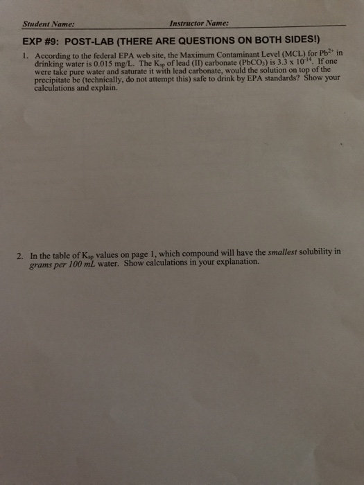 Solved Instructor Name: Student Name: EXP #9: POST-LAB | Chegg.com
