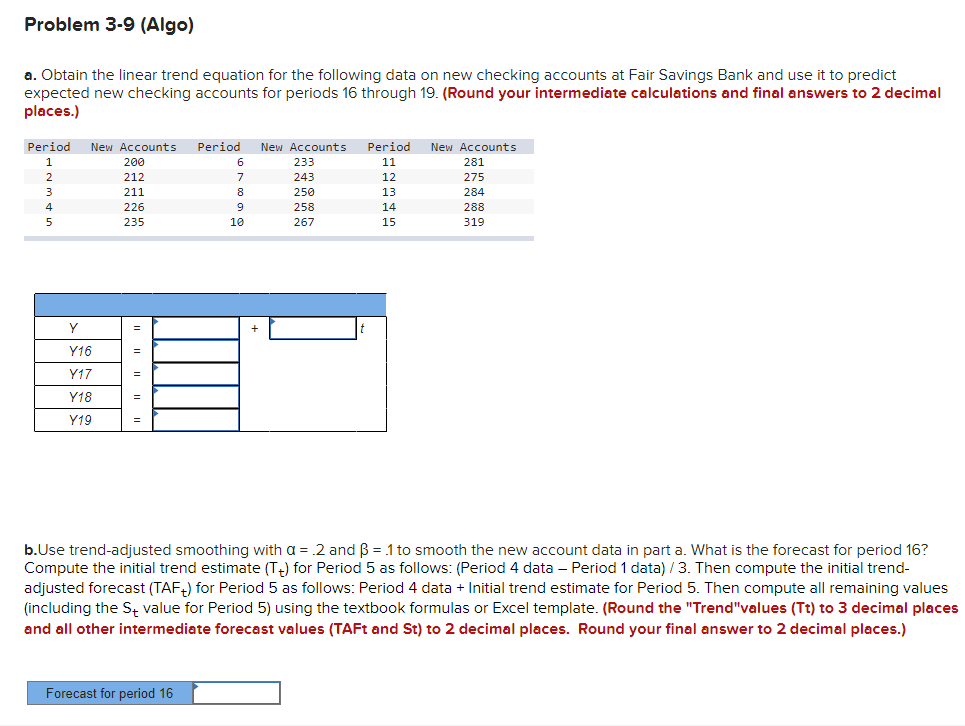 Solved Problem 3-9 (Algo)a. ﻿Obtain the linear trend | Chegg.com