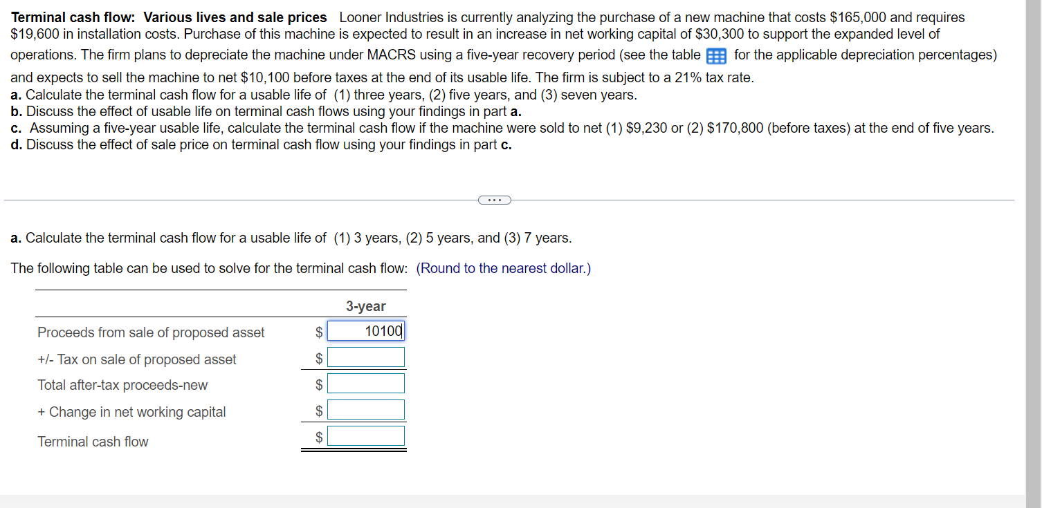 Terminal cash flow: Various lives and sale prices | Chegg.com