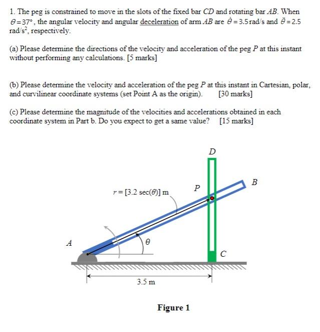 Solved 1. The peg is constrained to move in the slots of the | Chegg.com