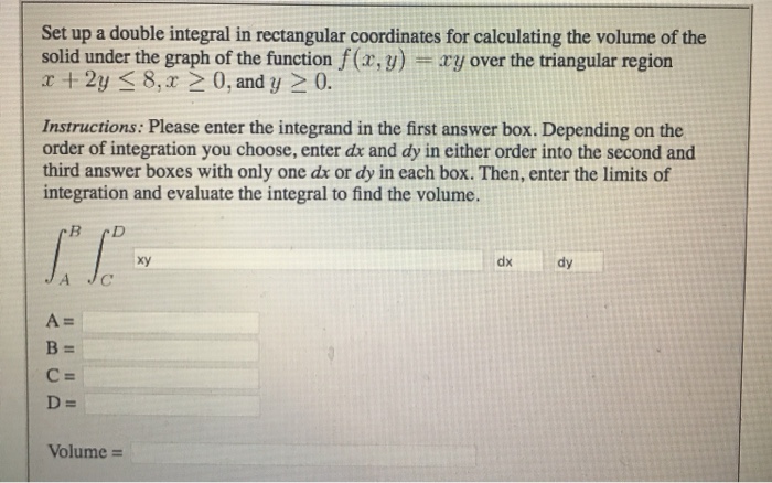 Solved Set up a double integral in rectangular coordinates | Chegg.com