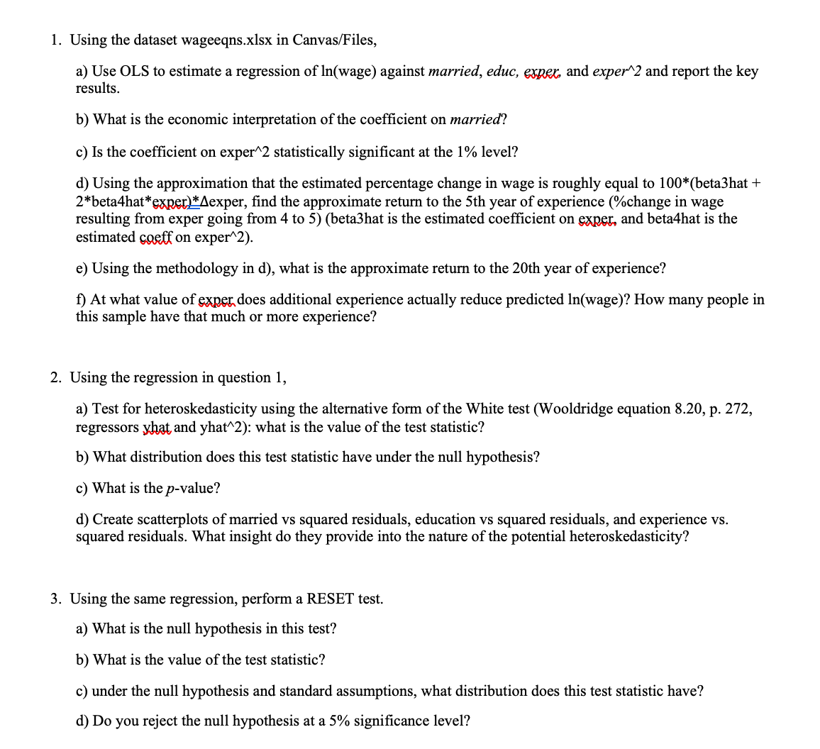 Solved Using the dataset wageeqns.xlsx in Canvas/Files,a) | Chegg.com