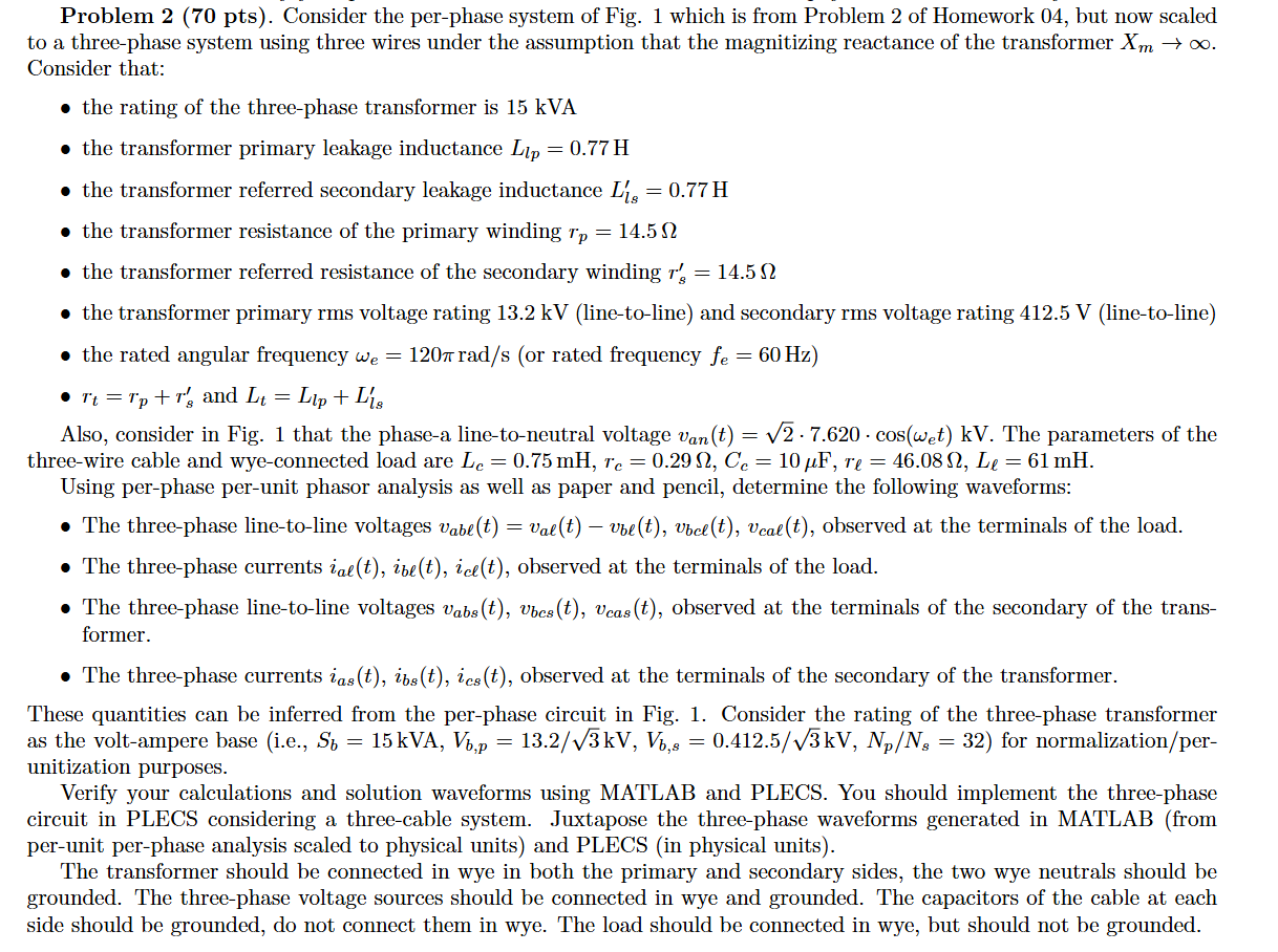 Solved Problem 2 (70 pts). ﻿Consider the per-phase system of | Chegg.com