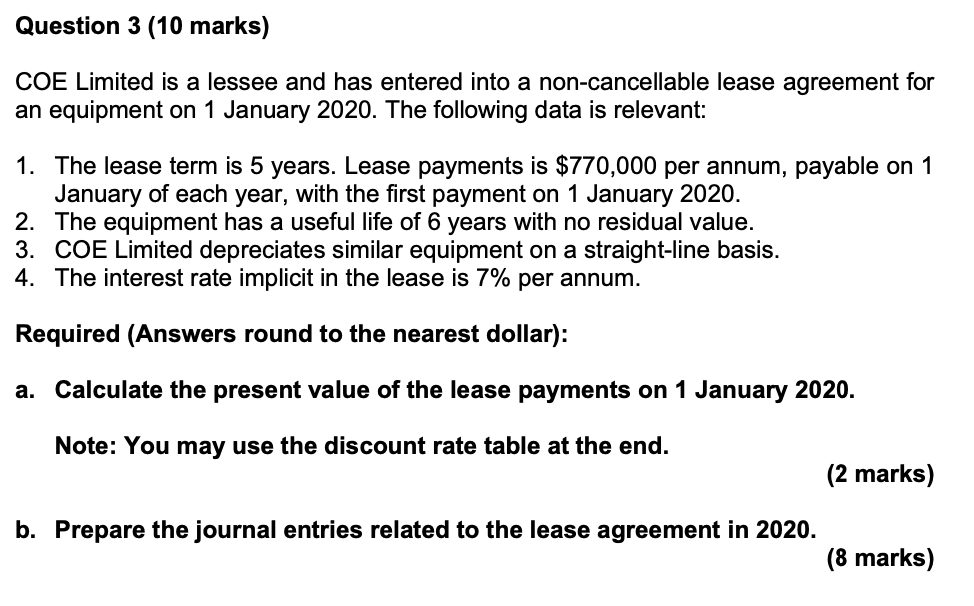 Solved Question 3 (10 marks) COE Limited is a lessee and has | Chegg.com