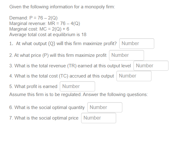 Solved Given the following information for a monopoly | Chegg.com