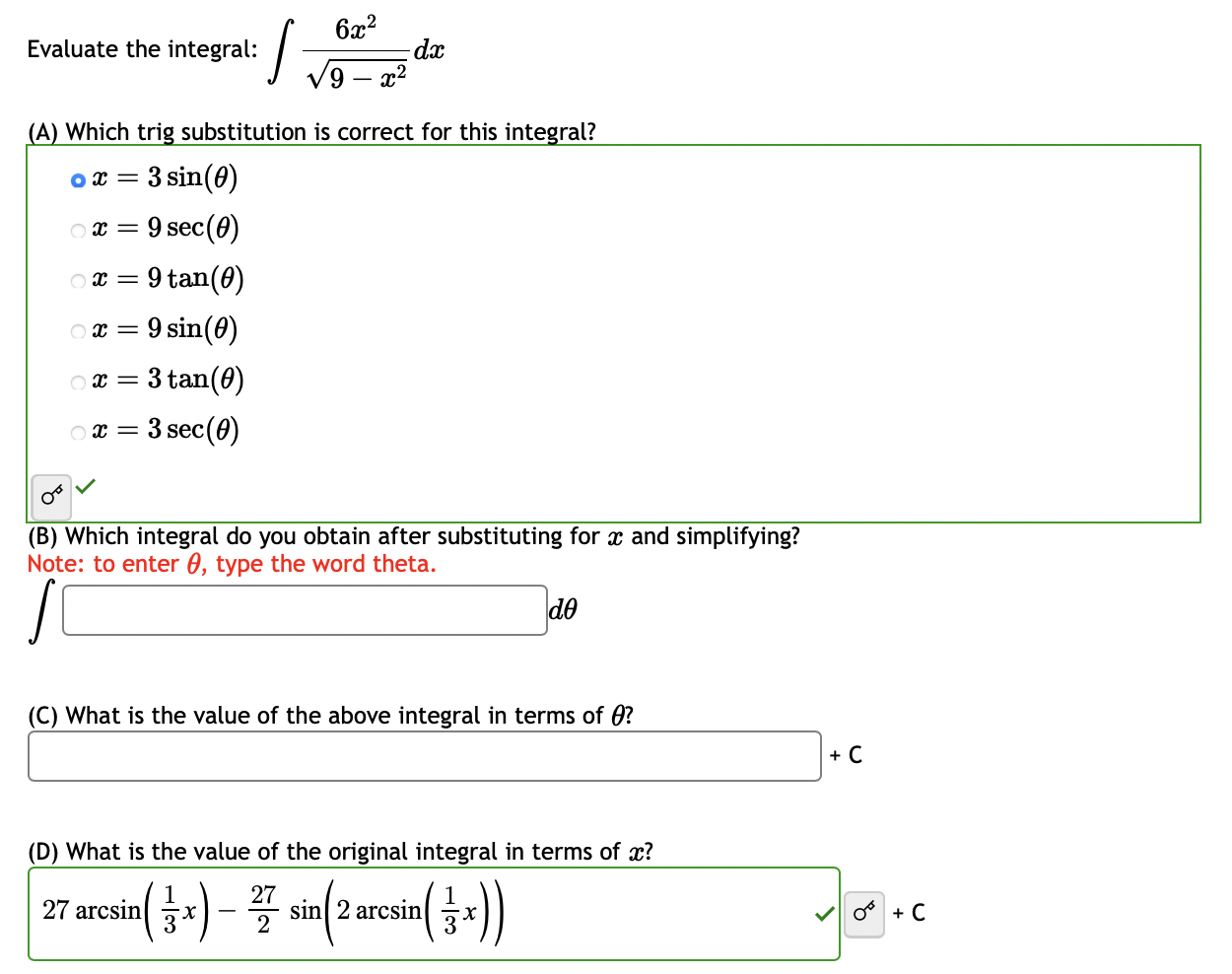 Solved Evaluate the integral: ∫9−x26x2dx (A) Which trig | Chegg.com