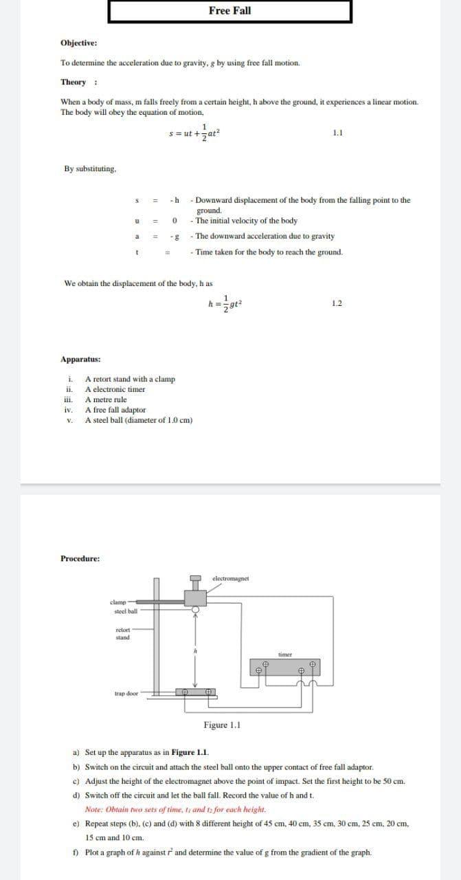 Solved Data Collection: The data for the free fall motion | Chegg.com
