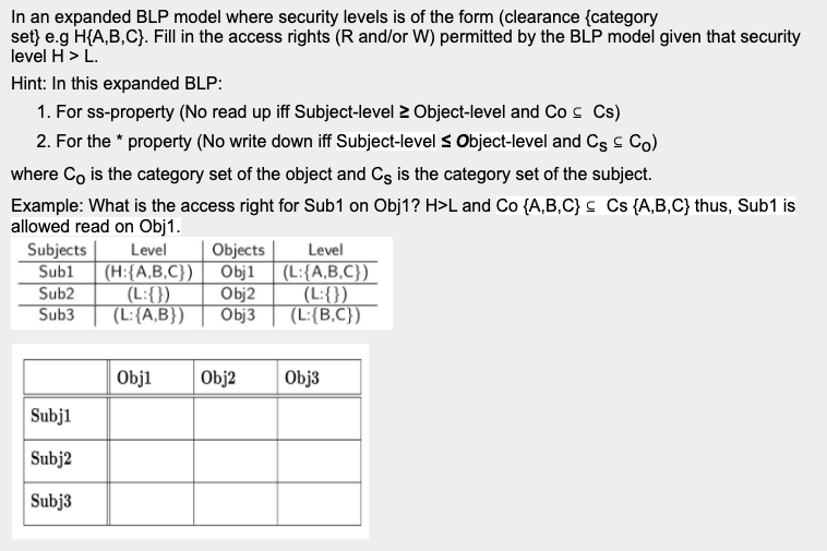 In an expanded BLP model where security levels is of | Chegg.com
