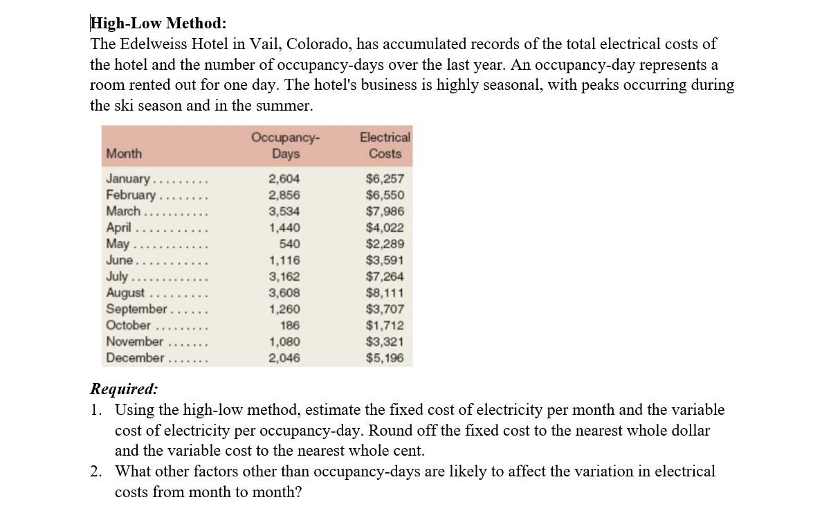 Solved High-Low Method: The Edelweiss Hotel in Vail, | Chegg.com