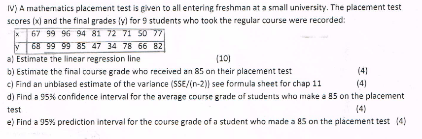 Solved IV) A mathematics placement test is given to all | Chegg.com