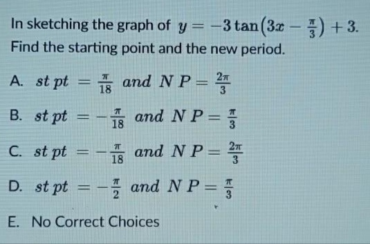 Solved In sketching the graph of y=−3tan(3x−3π)+3. Find the | Chegg.com