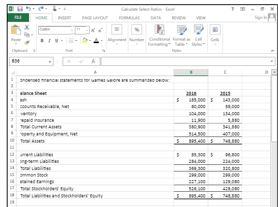 Solved Calculate Select Ratios - Excel BH FILE HOME INSERT | Chegg.com