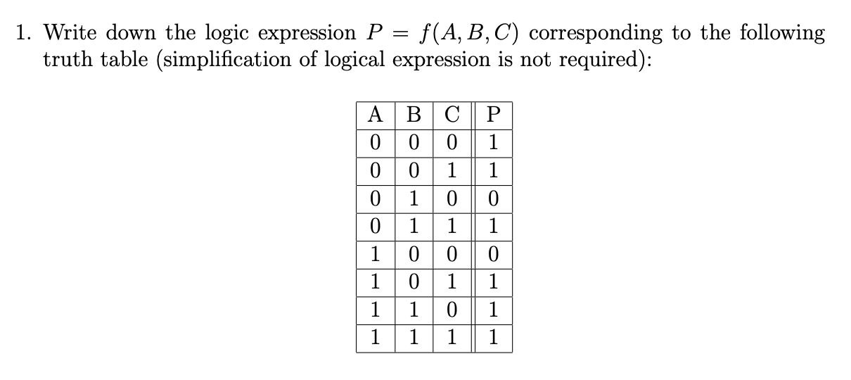 Solved = 1. Write down the logic expression P f(A, B, C) | Chegg.com