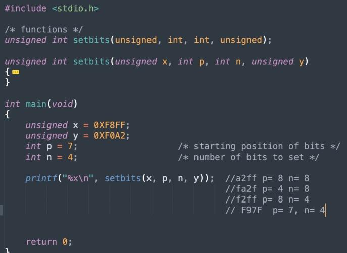 Solved Write a function setbits(x,p,n,y) that returns x with | Chegg.com