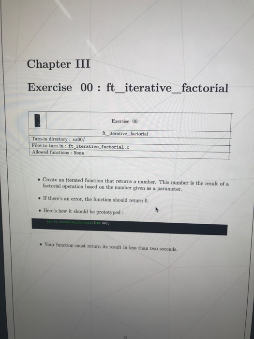 Solved Chapter III Exercise 00: ft_ iterative factorial | Chegg.com