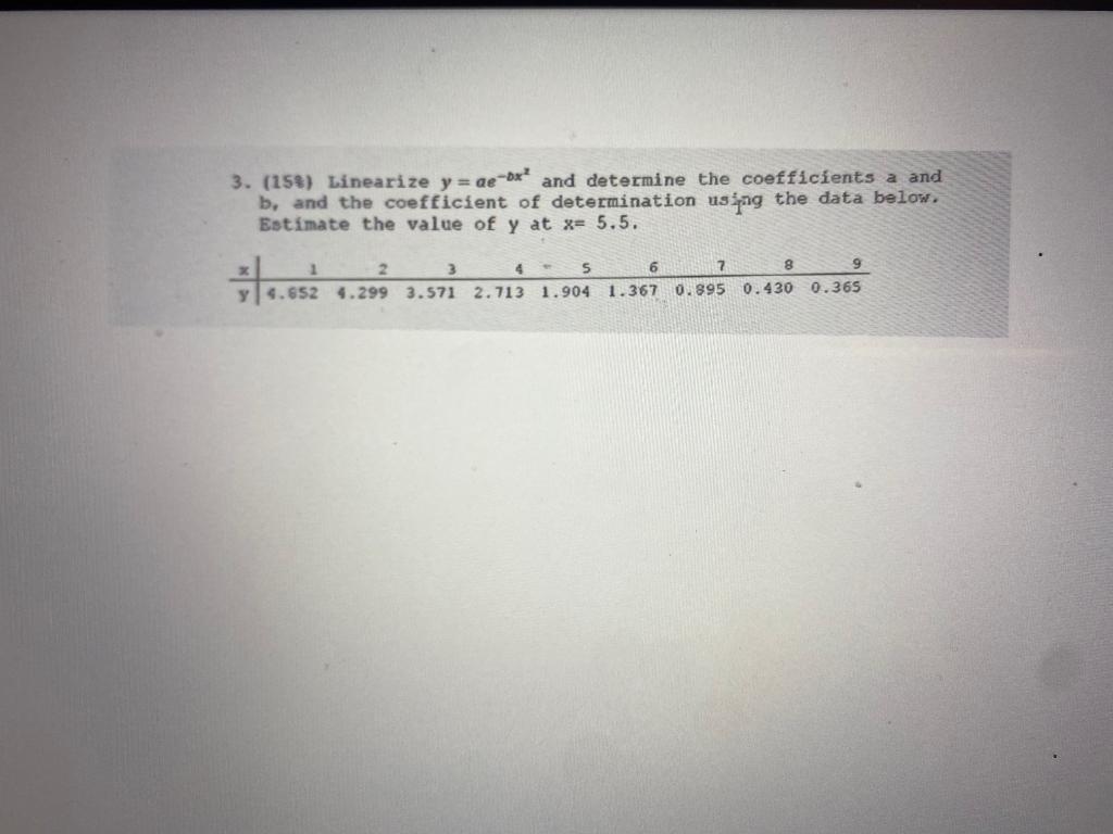 Solved 3. (158) Linearize y = ae-bx' and determine the | Chegg.com
