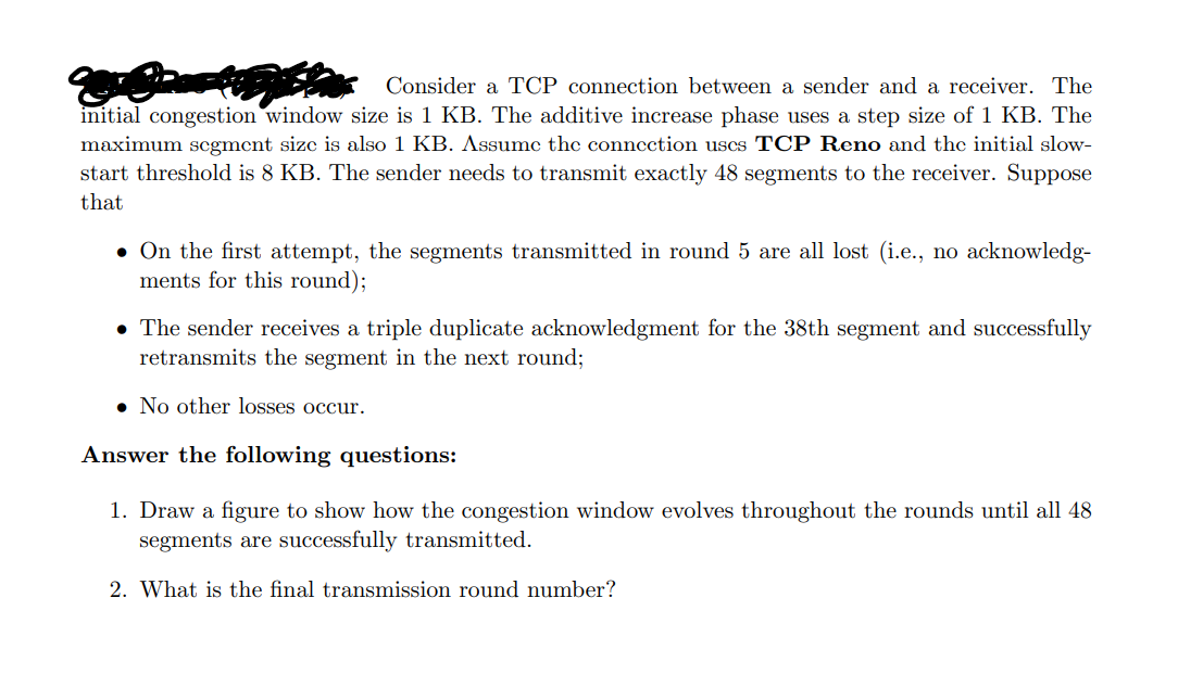 C Consider a TCP connection between a sender and a | Chegg.com