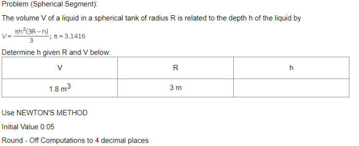 Solved Problem (Spherical Segment): The volume V of a liquid | Chegg.com